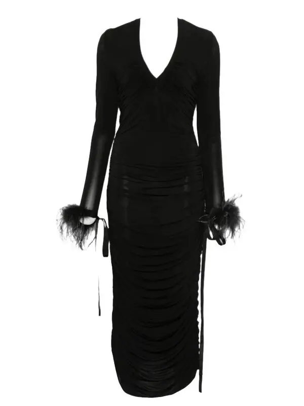 Pinko V-neck Long Sleeve Gathered Midi Dress With Feather Accents - Black