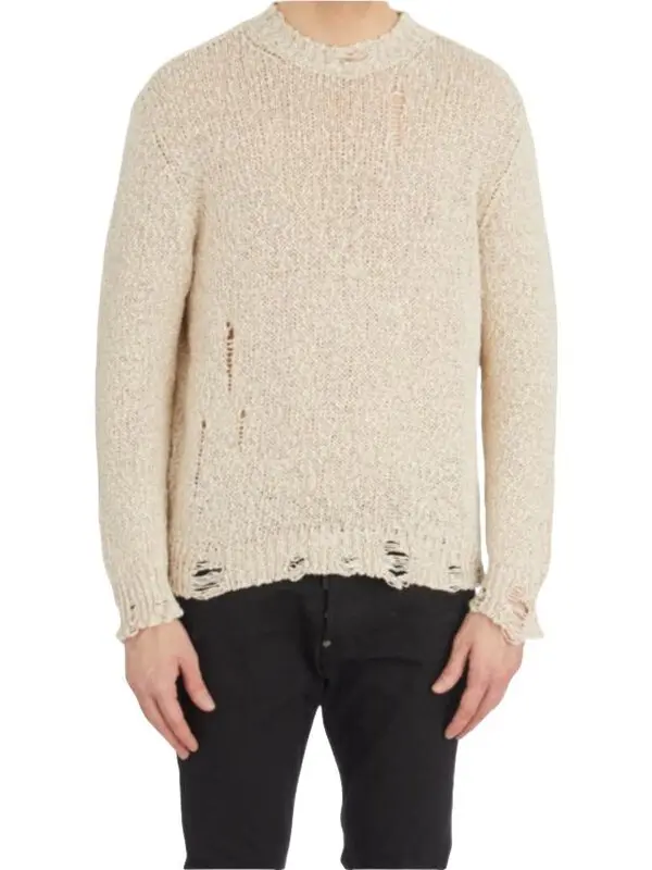 Avant Toi Crochet Knit Sweater With Distressed Details - Beige