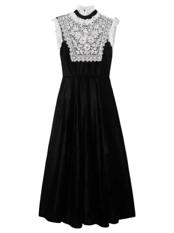 RODARTE Lace-trimmed Velvet Midi Dress - Black