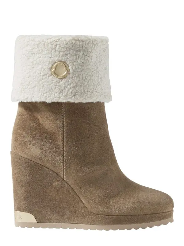 Moncler Shearling Lined Suede Wedge Ankle Boots - Tan