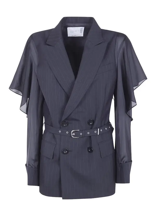 Sacai Double-breasted Striped Belted Jacket - Black