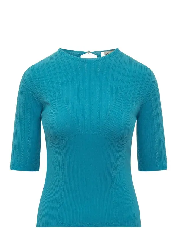 LANVIN Round Neck Ribbed Knit Sweater With Back Detail - Blue