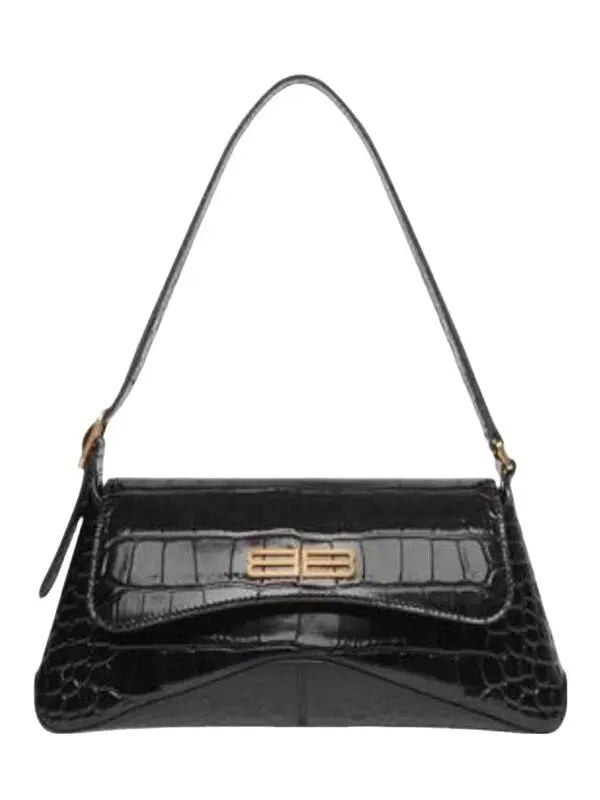 Balenciaga Logo Plaque Crocodile Effect Shoulder Bag - Black