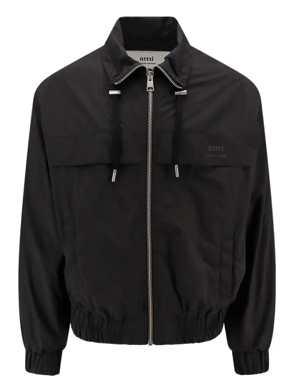 Ami Zip-up Lightweight Jacket With Logo Detailing - Black