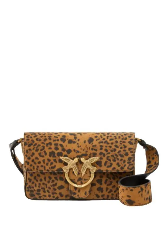 Pinko Leopard Print Shoulder Bag With Love Birds Plaque - Brown