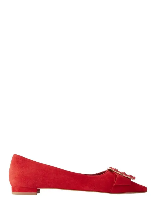 Manolo Blahnik Flat Pointed Toe Ballet Flats With Beaded Buckle - Red