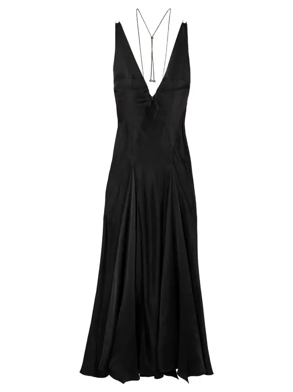 16Arlington Silk Satin Deep V Plunge Backless Midi Dress - Black