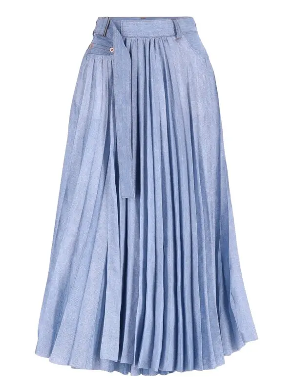 Sacai Pleated Belted Denim Midi Skirt - Blue