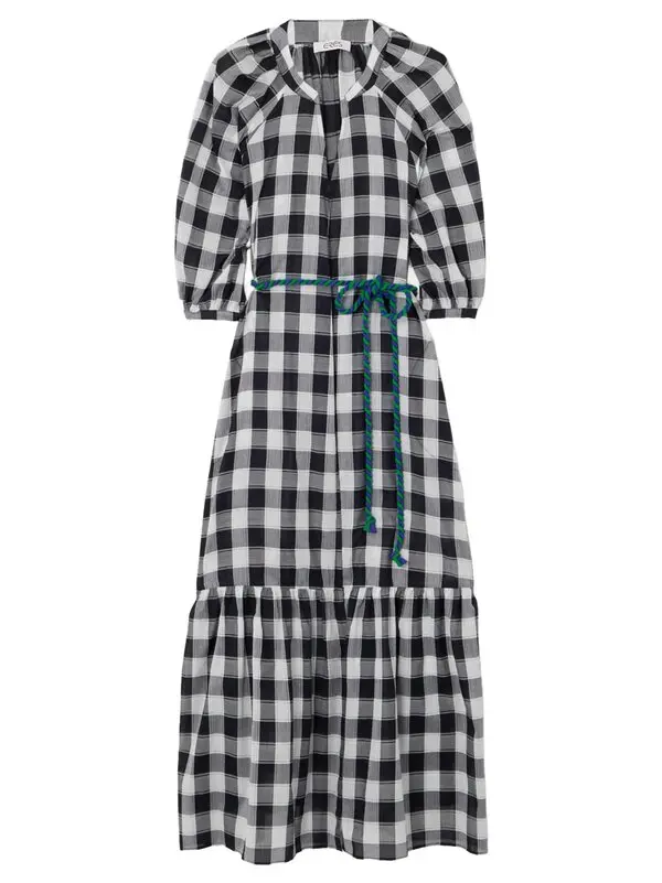 ERES Memphis Plaid Puff Sleeve Tiered Maxi Dress - Gray