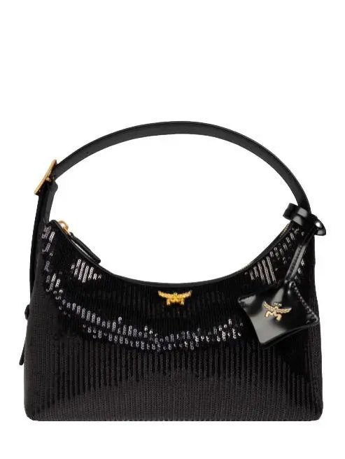Mcm Sequined Shoulder Bag With Gold Tone Logo - Black