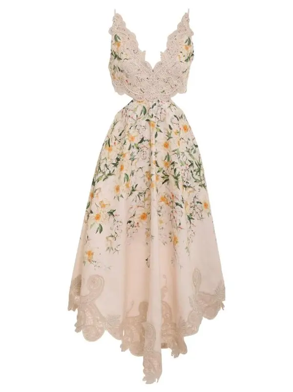 Zimmermann V-neck Floral Lace Trimmed Midi Dress - Nude