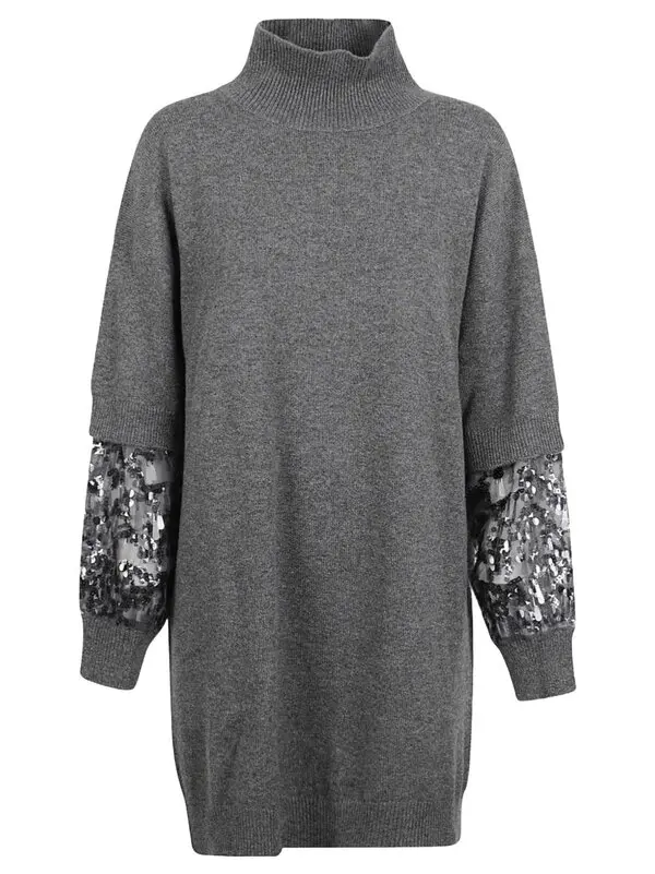 Brunello Cucinelli Sequin Embellished High Neck Mini Dress - Gray