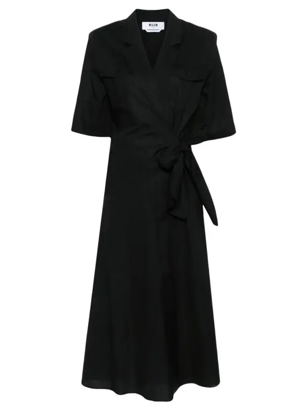 MSGM Silk Texture Wrap Midi Dress With Trapezoidal Lapel - Black
