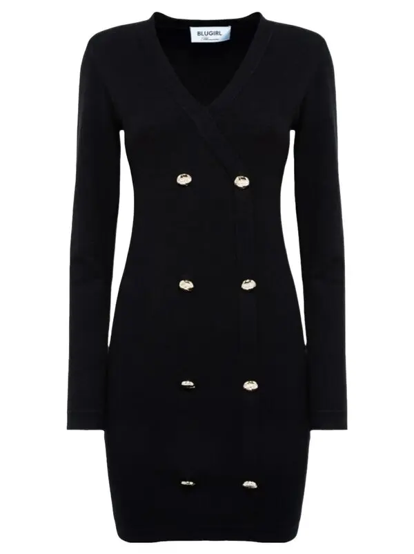 BLUGIRL V-neck Long Sleeve Ribbed Dress - Black