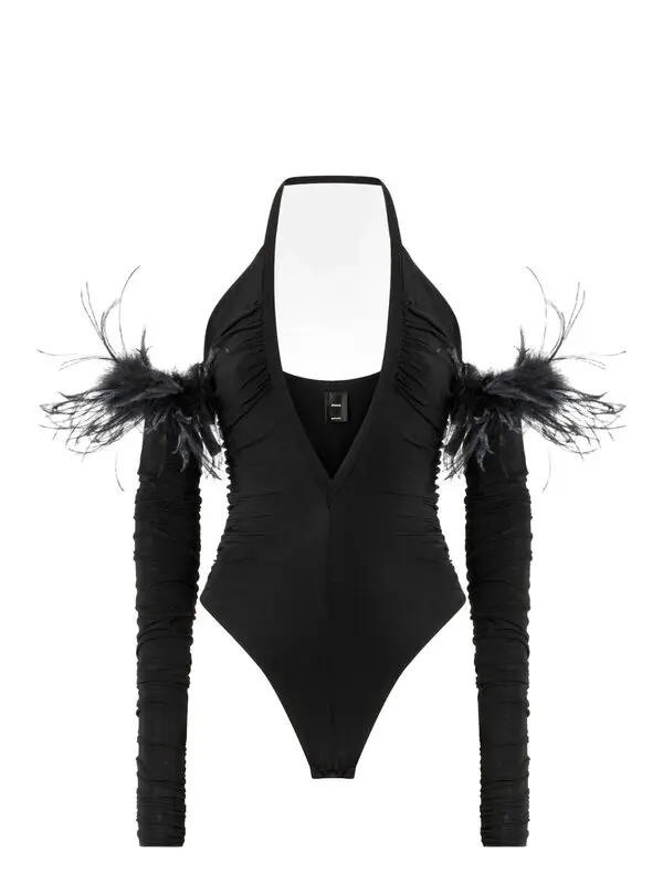 Pinko Ottovolante Halter Bodysuit With Feather Trim - Black