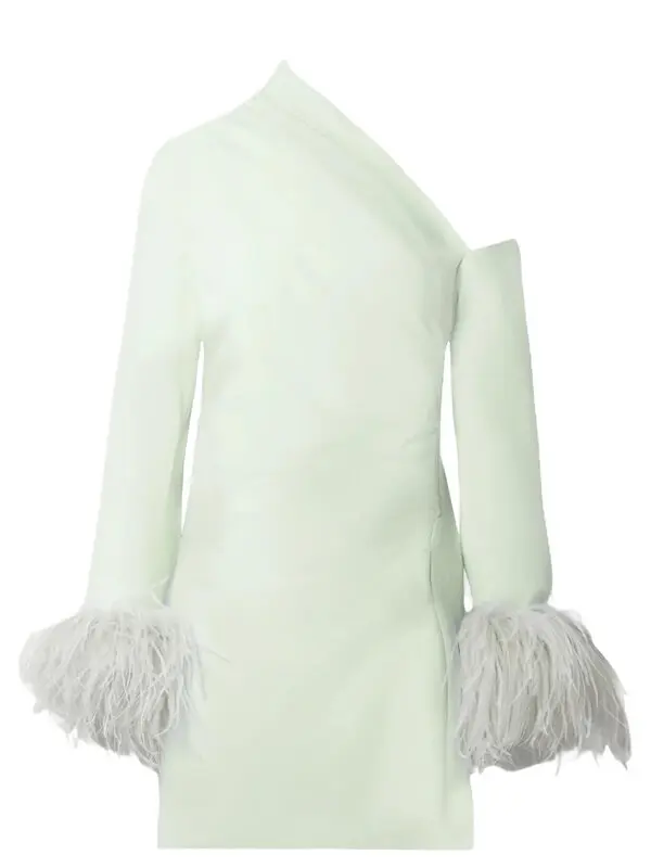 16Arlington Adelaide One-shoulder Feather-trimmed Crepe Mini Dress - White