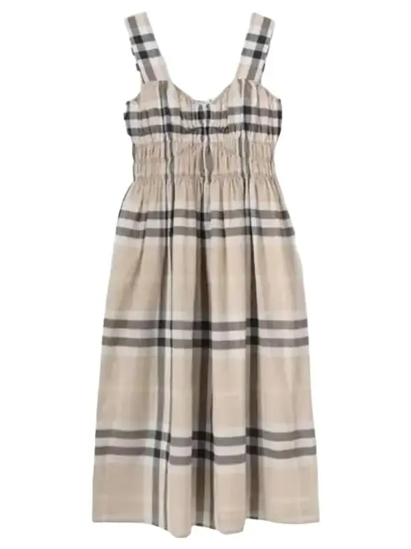 Burberry Shirred Check Cotton Maxi Dress - Nude