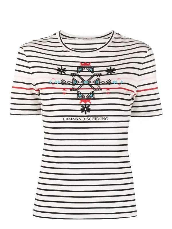 Ermanno Scervino Striped Cotton T-shirt With Embroidered Design - White