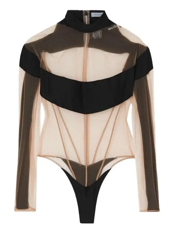 MUGLER Illusion Stretch Jersey-trimmed Tulle Thong Bodysuit - Nude