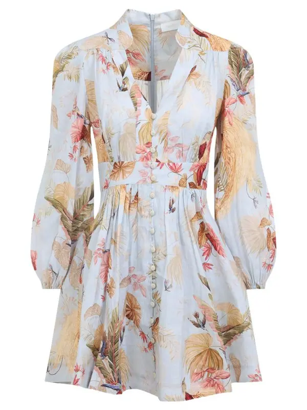 Zimmermann Floral Printed V-neck Mini Dress With Balloon Sleeves - White