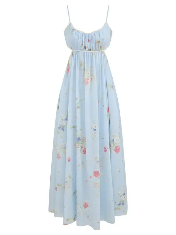 Zimmermann Lucky Picnic Maxi Dress With Lace Trim And Open Back - Blue Bouquet Of Flowers