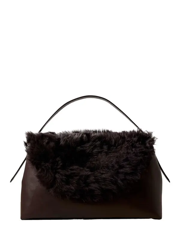 TOTEME Leather Shoulder Bag With Fur Trim - Dark Brown