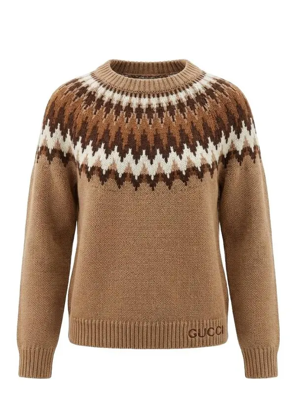 Gucci Fair Isle Intarsia Knit Crewneck Sweater - Camel And Multicolour