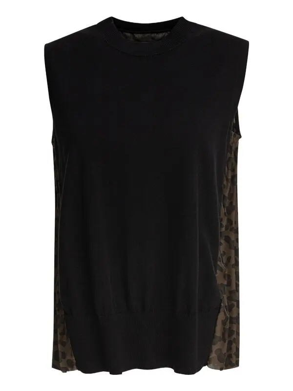 Sacai Sleeveless Crewneck Top With Pleated Hem - Black