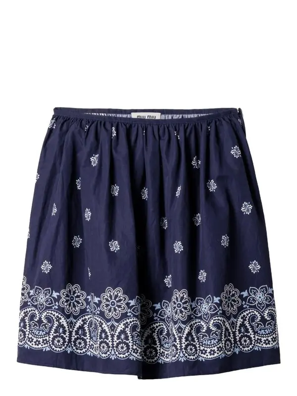 Miu Miu Navy Printed Poplin Flared Skirt With Lace Trim - Black