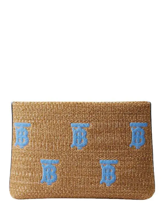 Burberry Monogram Embroidered Zip Clutch Bag - Brown