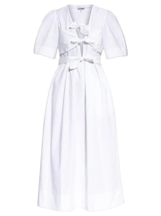 GANNI Tie-front Cotton Midi Dress - White