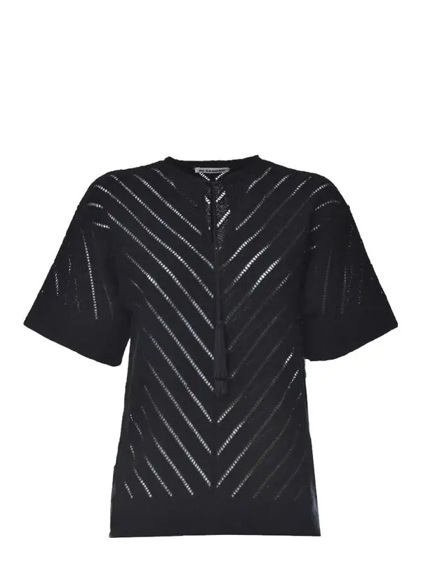 JIL SANDER Striped Tasseled Short-sleeved Top - Black