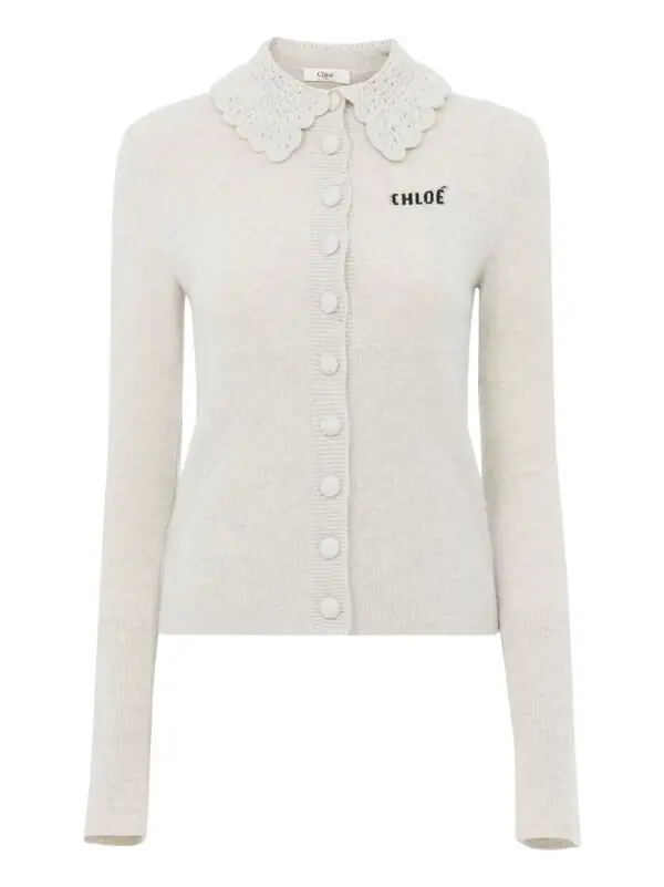 Chloé Embroidered Logo Knit Cardigan With Lace Collar - Sweet Ash