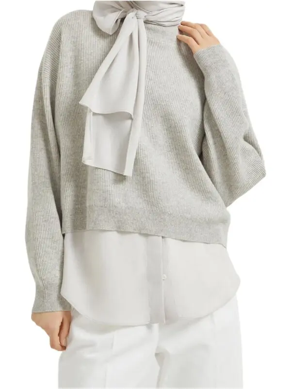 Brunello Cucinelli Cashmere Layered Sweater With Detachable Bow Bodice - Grey