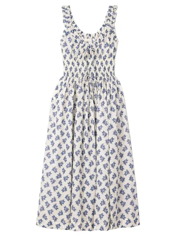 DÔEN Emmaretta Pleated Floral Print Midi Dress - Blue