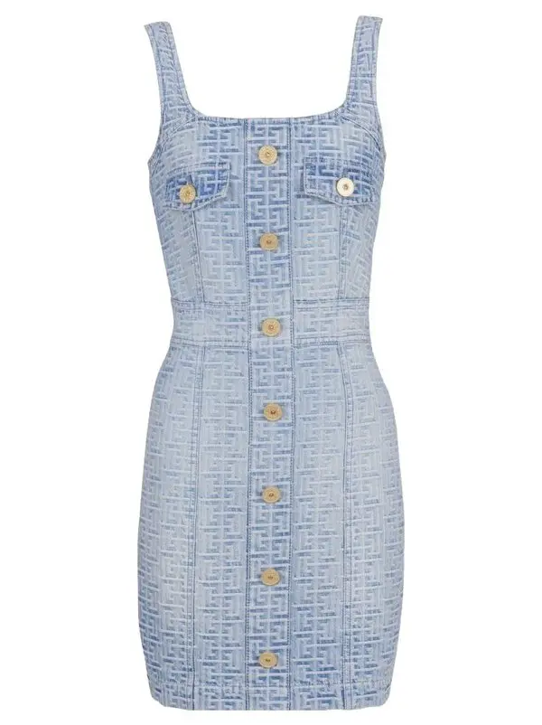 Balmain Monogram Debossed Square Neck Denim Mini Dress - Gray