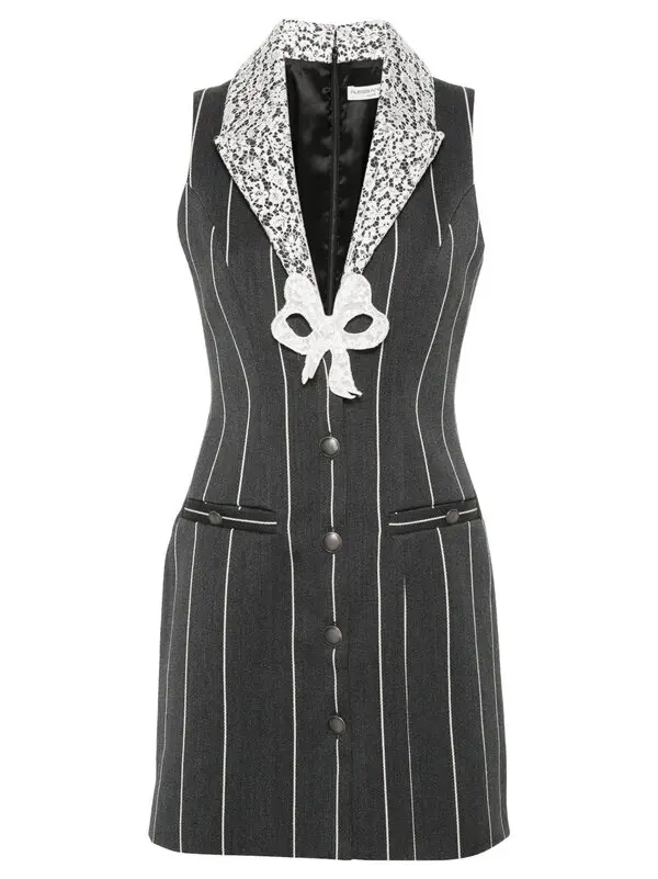 Alessandra Rich Sleeveless Pin-stripe Dress With Lace Lapels And Bow Detail - Black