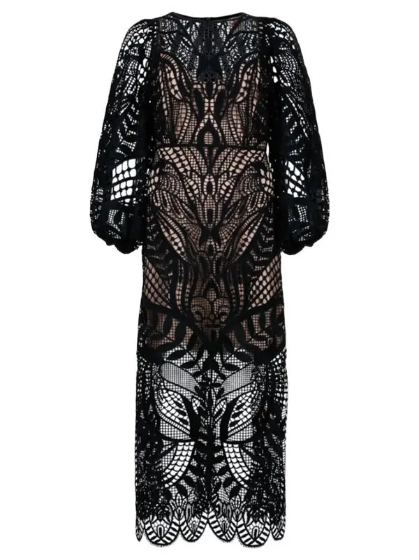 Farm Rio Guipure Lace Midi Dress With Puff Sleeves - Black