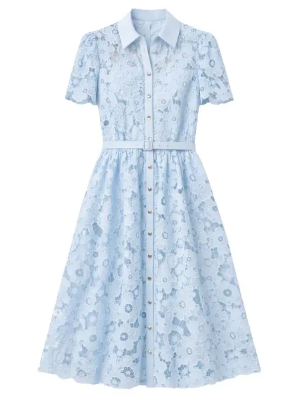 SELF-PORTRAIT Floral Lace Belted Dress - Blue