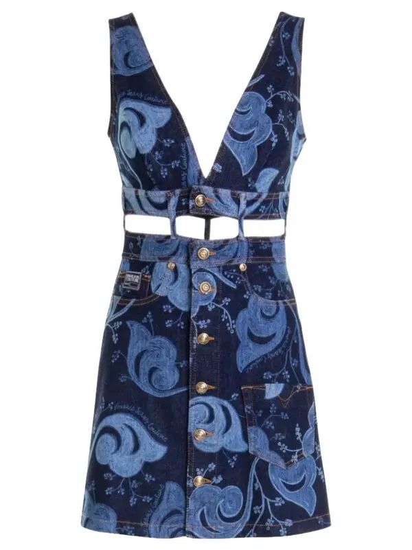 Versace Sleeveless V-neck Cut-out Denim Dress - Blue