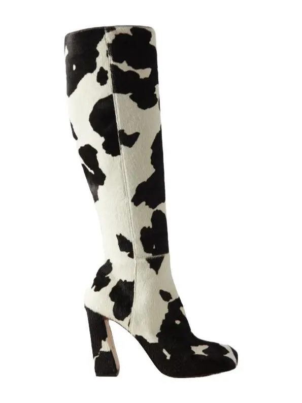 Amina Muaddi Cow-print Pony Hair Knee-high Boots - Black