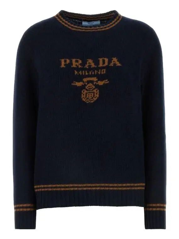 Prada Logo-intarsia Striped-trim Crewneck Jumper - Blue  Tobacco Color