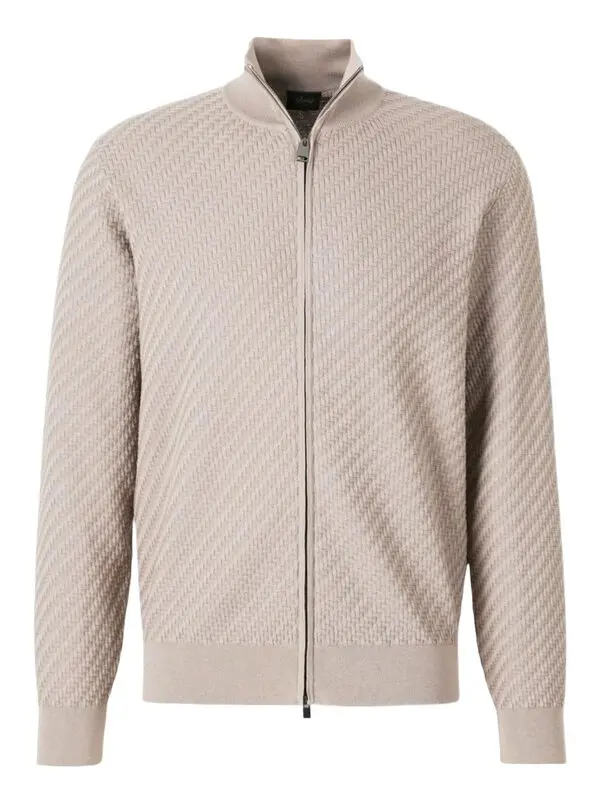 Brioni Trama Braided Zip-up Knit Cardigan - Beige