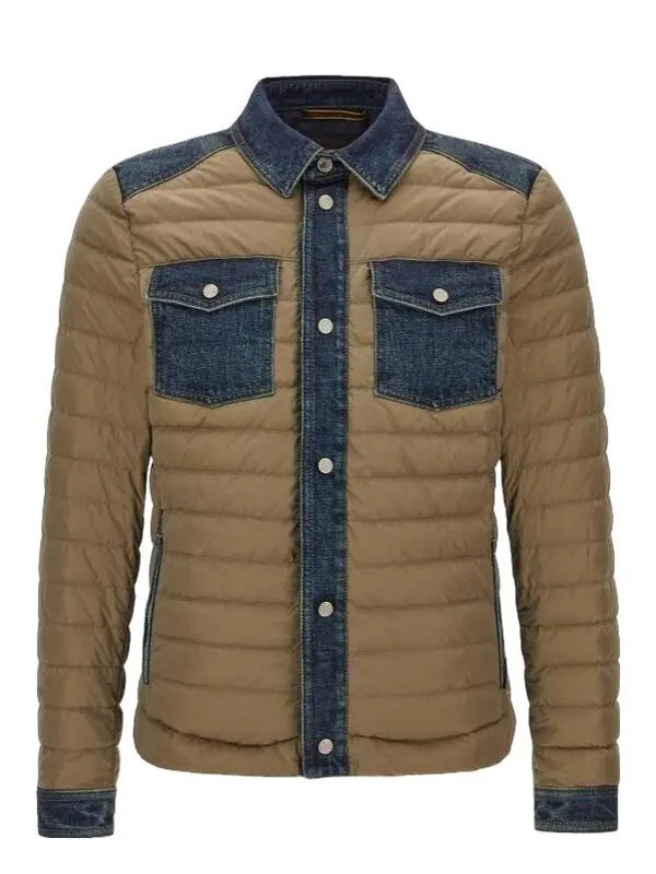 MOORER Quilted Jacket With Contrasting Denim Inserts - Brown