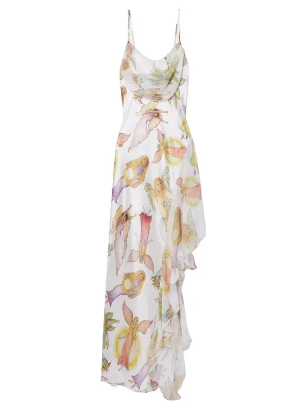 RODARTE Asymmetric Draped Printed Silk-satin Maxi Dress - White