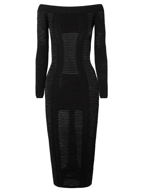 Balmain Off-the-shoulder Long Sleeve Midi Dress - Black