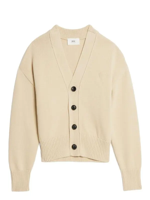 Ami Wool Blend Button-up Cardigan With De Coeur Embroidery - Nude