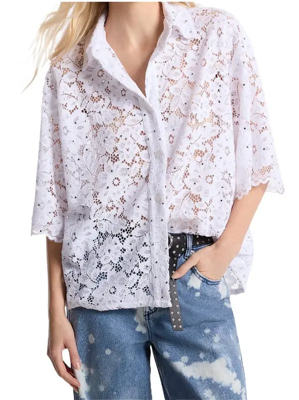 Michael Kors Studded Corded Floral Lace Shirt - White