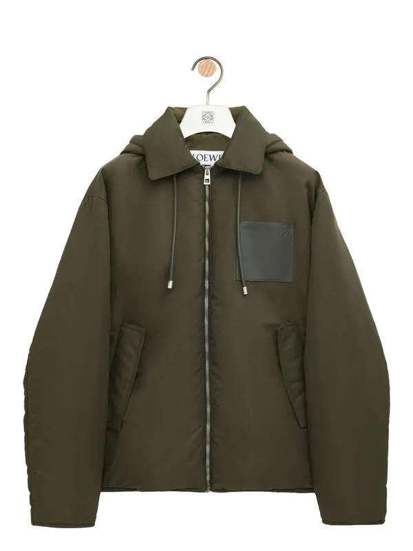 Loewe Hooded Jacket In Nylon With Leather Accents - Khaki Green