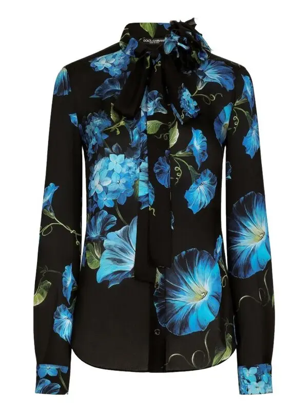 Dolce & Gabbana Floral Print Silk Shirt With Bow Detail - Black